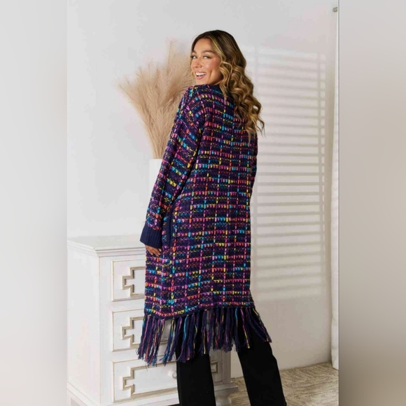 Sweaters | Bold Retro Knit Colorful Fringe Hem Longline Duster Sweater ...